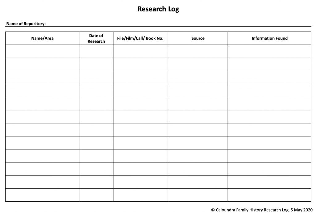 Research Log - Caloundra Family History Research Inc